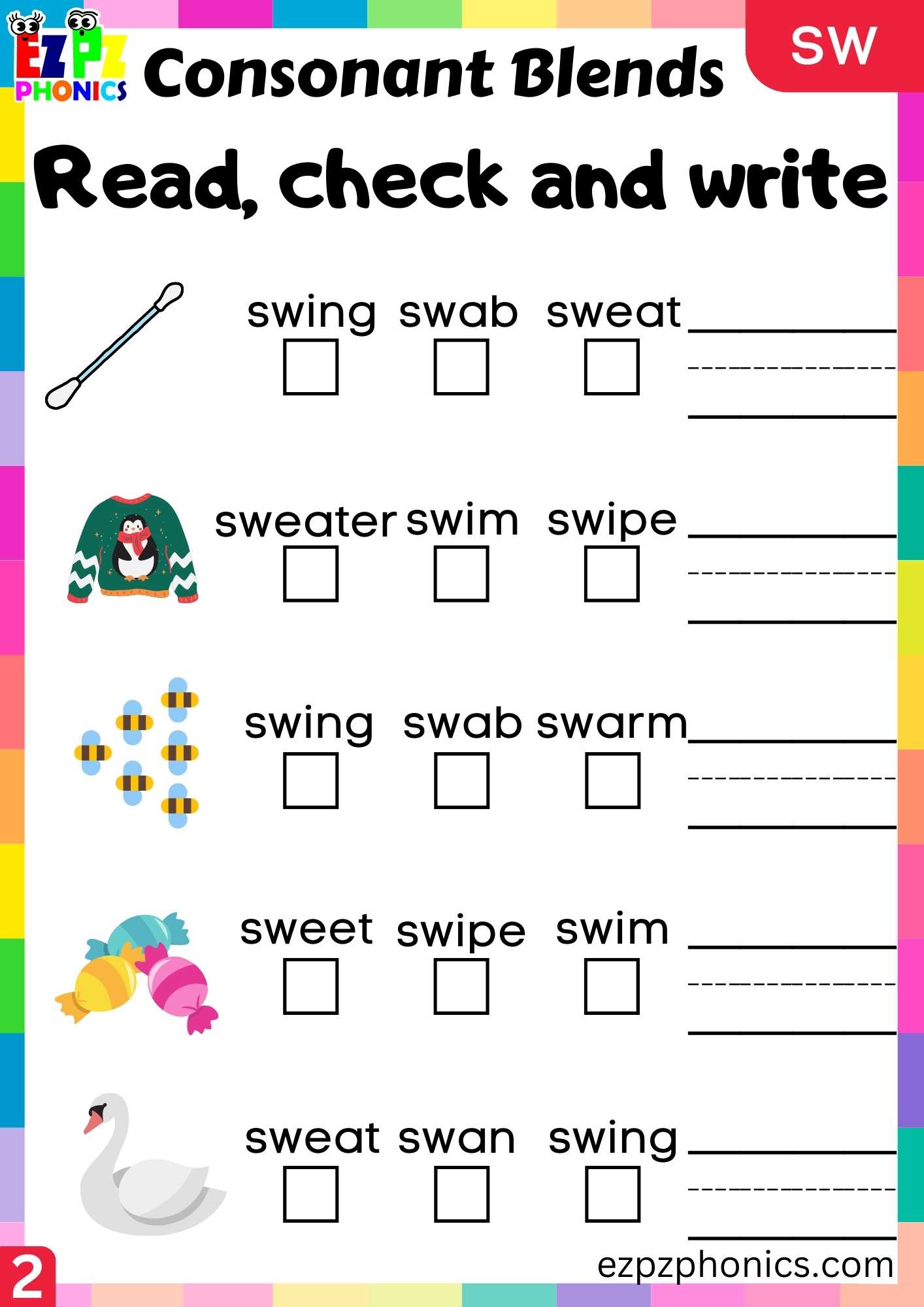 Group2 SW Words Read, Check And Write Phonics Consonant Blends Worksheet - ezpzphonics.com